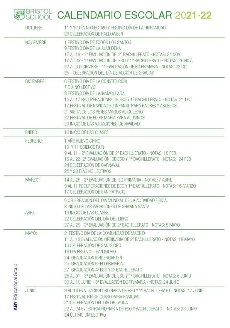 Calendario escolar curso 21-22 | Bristol School